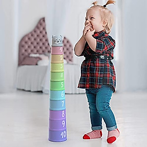 Stacking Cups Toy for Toddler Plus Bonus Squirting Baby Bath Toy & Bear Head Shaker with Numbers, Letters, Patterns, Fun Educational Toys for 6 Months +, 1 2 3 Years