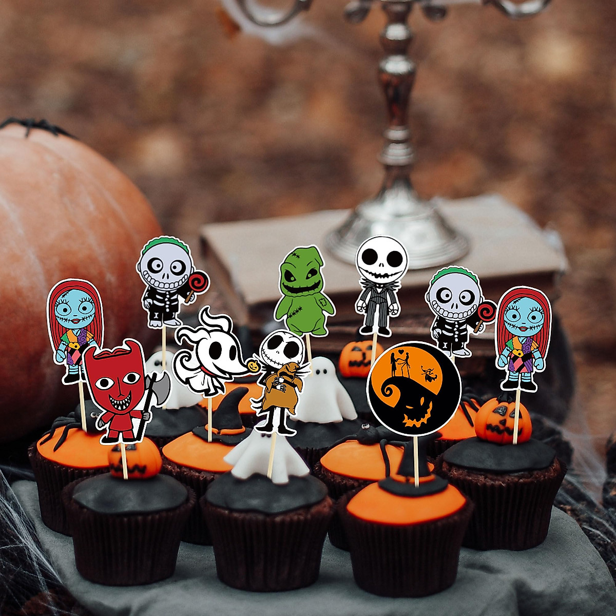 Gyufise 40Pcs Skellington Halloween Cupcake Toppers Glitter Skull Ghost Cupcake Picks for Nightmare Before Christmas Theme Wedding Anniversary Birthday Party Cake Decorations Supplies