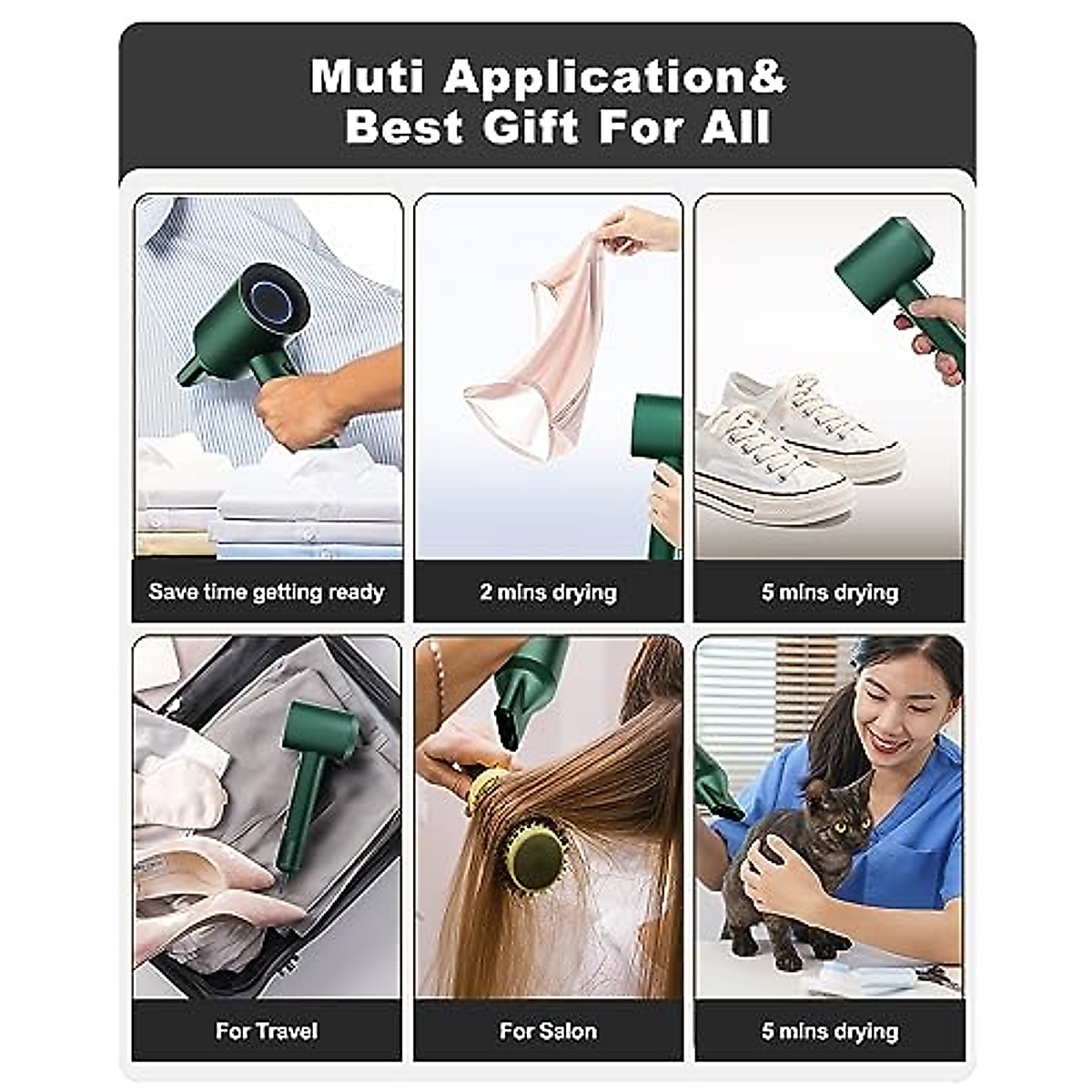 7MAGIC High-Speed Hair Dryer with 110,000RPM Brushless Motor for Fast Drying, Low Noise Blow Dryer with Tri-Colour LED Light Ring, 1400W Ionic Hair Dryer for Home and Travel, Magnetic Nozzle, Green