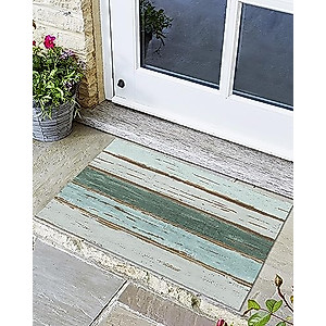 Front Door Mat, Non - Slip Absorbent Door Entry Mats, Doormats Indoor/Outdoor Entrance Small Rugs, Vintage Farm Wood Grain Green Gradient Doormat - Easy to Clean Floor Mats for Home 20x32 Inch