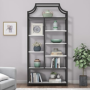 Loomie 8-Open Shelf Bookshelf, 70.87" H x 31.5" L Lux Etagere Bookcase, Tall Storage Display Modern Open Book Case for Bedroom, Home Office & Living Room, Black Finish Metal Frame & White Shelving