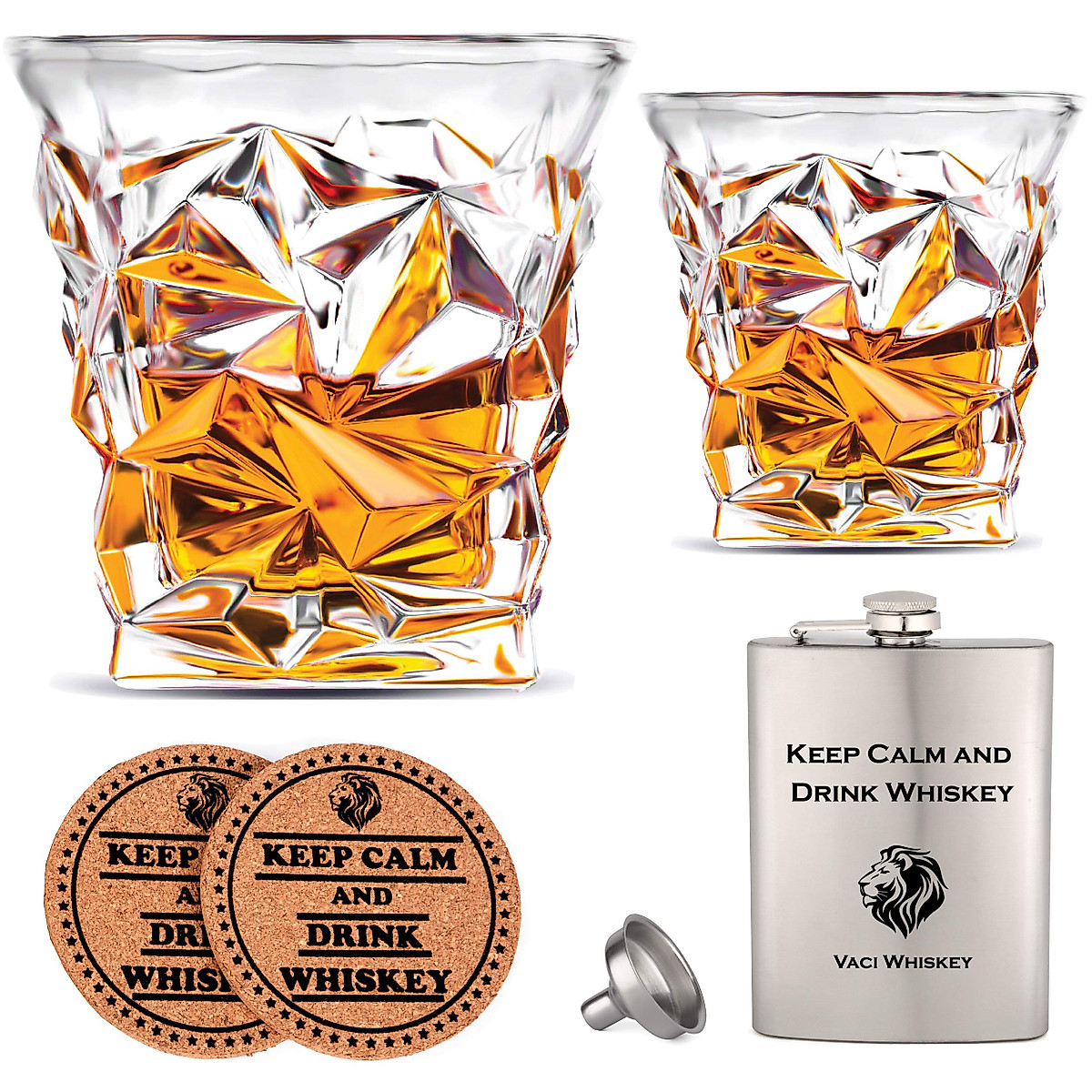 Vaci Crystal Whiskey Glasses – Set of 2 Bourbon Glasses, Tumblers for Drinking Scotch, Cognac, Irish Whisky, Large 10oz Premium Lead-Free with Stainless Steel Flasks, Cups, Luxury Gift Box