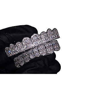 14k Baguette Set 8 teeth White Joker Gold Grillz for Mouth Top Hip Hop Teeth Diamond Grills for Teeth Mouth Grillz for Mouth Top Bottom Hip Hop 8 Teeth Grills for Teeth Mouth Set - Teeth Cap