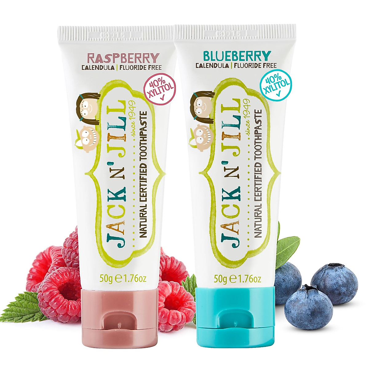 Jack N' Jill Natural Toddler Toothpaste for Baby, Kids and Infants 6 Months & Up, Fluoride Free Training Toothpaste for Toddlers 1-3 (1.76 Fl Oz (Pack of 2), Blueberry & Raspberry)