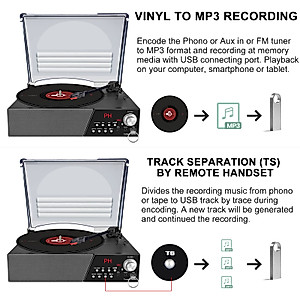 HONGUT Record Player, 3 Speed Turntable Vinyl Record Player with Bluetooth Speaker, MP3 Player Portable LP Vinyl Player with FM Stereo Radio, Vinyl to MP3 Recording Phonograph Player, Black