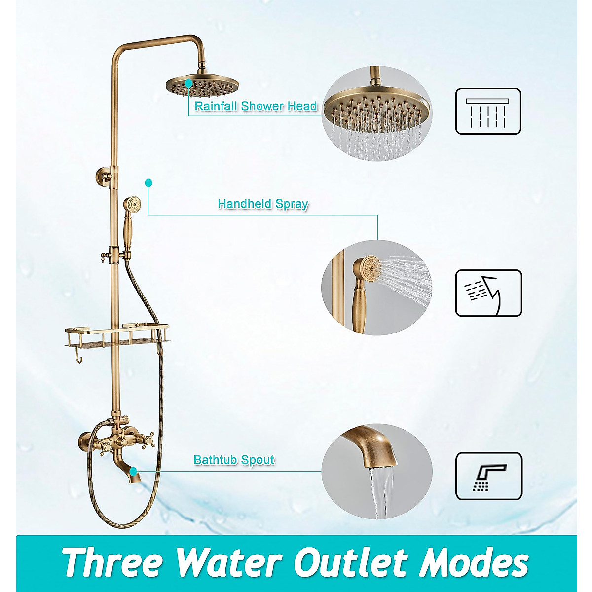 Gmusre Antique Brass Shower Fixture Bathroom Shower Faucet Set 8 Inch Rainfall Shower Head Handled Shower Waterfall Tub Spout Wall Mounted Outdoor Shower System with Shower Shelf