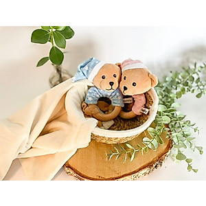 Baby Wooden Rattle Teething Ring, Baby Rattles 0-6 Months, Baby Montessori Newborn Toys, Stuffed Animal Gift for Baby Boy, Baby Teddy Bear (Blue)