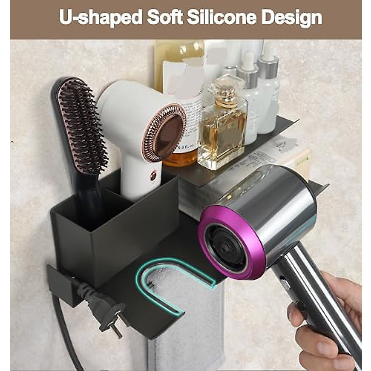 Hair Dryer Holder Hair Tool Organizer Wall Mount, 6 in 1 Adhesive Blow Dryer Holder, Bathroom Organizer for Hair Dryer,Towel, Tissue, Straighteners, Hair Dryer Stand for Home Hotel Barbershop