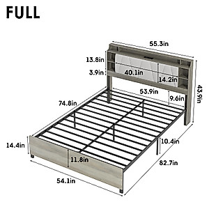 Full Size Bed Frames with Storage Headboard and LED Lights, Upholstered Platform Bed with Charging Station, Storage Space Under The Bed, Steel Slat Support, No Box Spring Needed, Noise Free