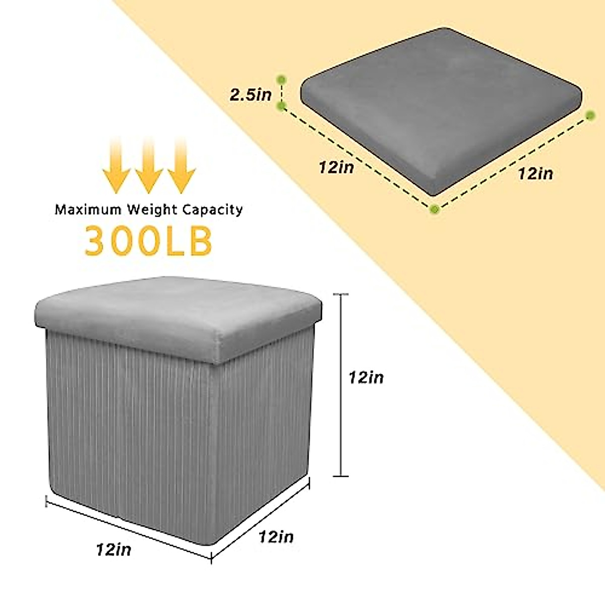 Babion Velvet Storage Ottoman Cube, Folding Tufted Ottoman with Storage Square, Small Foot Rest Ottoman with Foam Padded Seat, Light Grey 12 Inches