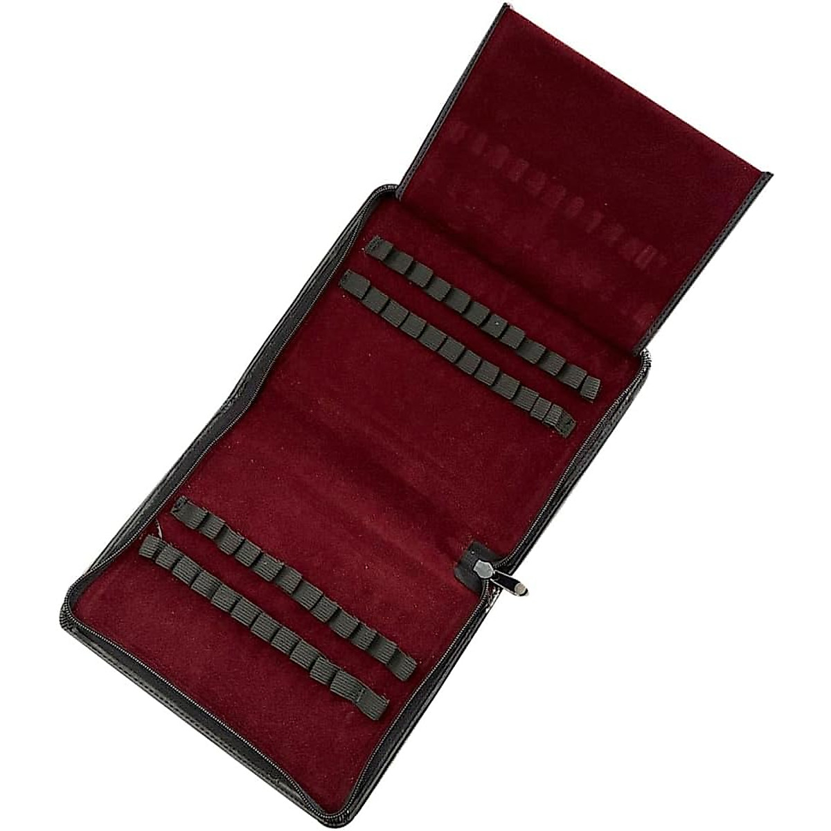 Generic Faux Leather Pen/Pencil Display and Carrying Case - Black with Burgundy Faux Suede, 24 Elastic Holders
