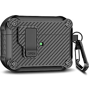 R-fun Airpods Pro 1st/2nd Generation Case Cover (2019/2022) for Men Women,Automatic Secure Lock Clip Hard Shell Rugged Protective for Apple Airpods Pro Case with Carbon Fiber Keychain-Black