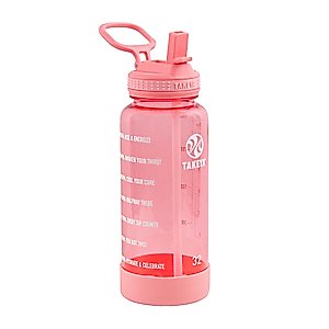 Takeya 32 oz Motivational Water Bottle with Straw Lid with Time Marker, Premium Quality BPA Free Tritan Plastic, Flutter Pink