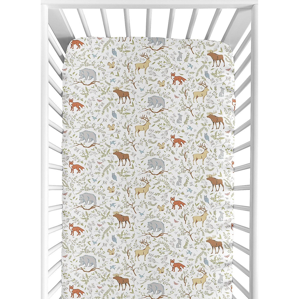 Sweet Jojo Designs Woodland Boy Girl Jersey Stretch Knit Baby Fitted Crib Sheet for Soft Toddler Bed Nursery - Grey, Green and Brown Forest Animal Toile Bear Deer Fox