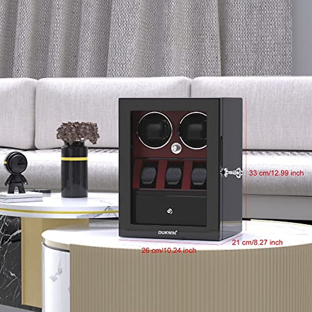 DUKWIN Watch Winder for 2 Automatic Watch, Lockable Red Watch Winder with 3 Watch Storage Places and Jewelry Storage, Super Quiet Mabuchi Motor, High-Gloss Piano Lacquer Finish, Built-in Illumination