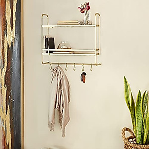 CosmoLiving by Cosmopolitan Metal Rectangle Wall Shelf with Hooks, 20" x 5" x 20", Gold