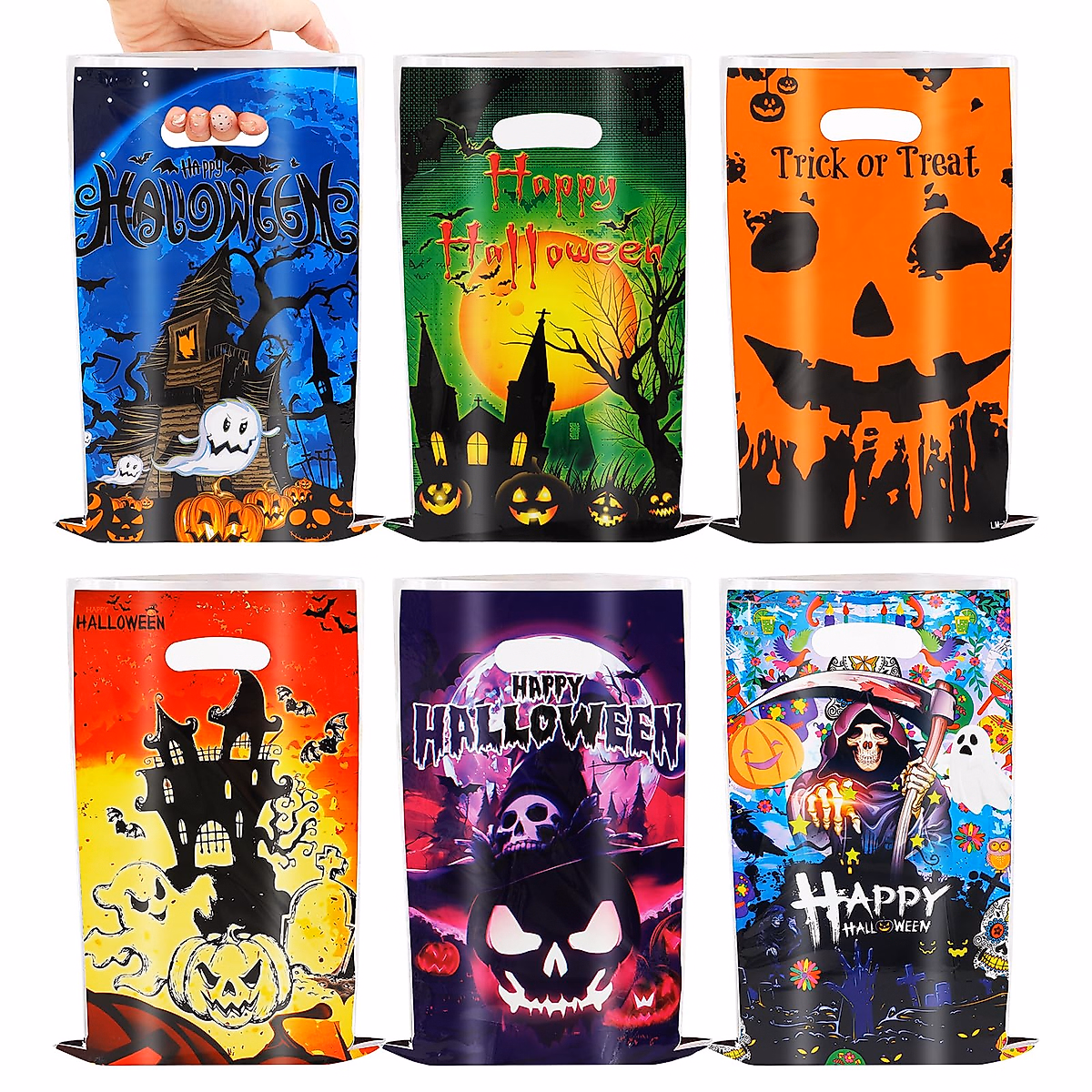 HOWAF 60pcs Halloween Treat Bags with Handles, Halloween Trick or Treat Goodie Bags for Kids Halloween Party Favors Candy Bags Halloween Plastic Gift Bags with Horror Castle Witch Ghost Spider Bat