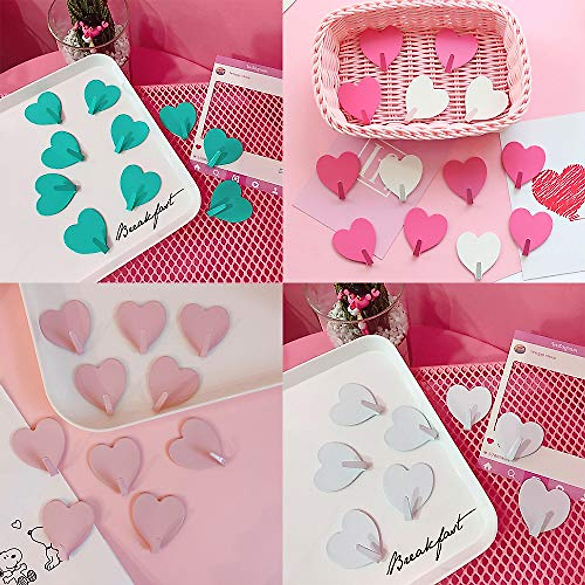 Adhesive Hooks Heart Shape Wall Hooks Hangers Heavy Duty Waterproof Creative Sticky Hanger Hook for Kitchen Utensils, Keys, Robe, Coat, Towel, Bags (Pack of 12)