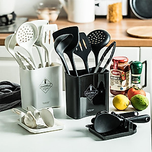 Cooking Utensils Set of 9 - Complete Kitchen Utensils for Cooking with Storage Box & Spoon Holder - Durable and Nonstick Cookware-Cooking Tools (Black-A)