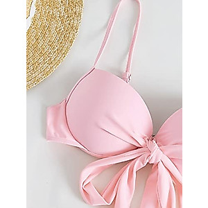 WDIRARA Women's 3 Pieces Tie Front Push Up Bikini Swimsuit with Ruched Ruffle Hem Beach Skirt Pink L