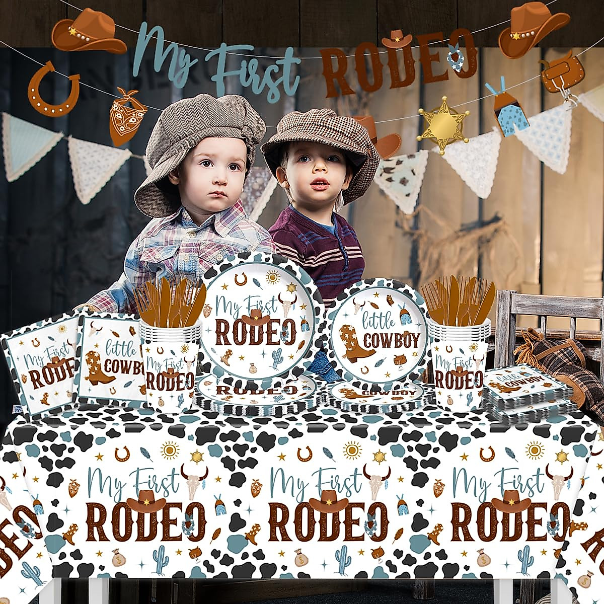 My First Rodeo Birthday Party Supplies Boy-142Pcs Western Cowboy Tableware 1st Rodeo Birthday Party Decorations Blue My First Rodeo Baby Shower Dinnerware for Boy