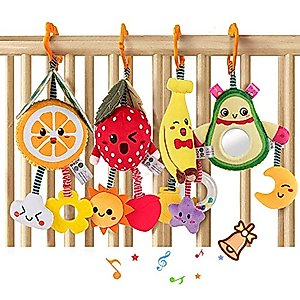 TUMAMA Baby Toys for 3 6 9 12 Months,Hanging Fruit Rattles Avocado,Banana,Orange and Strawberry,Stroller Mobile Toys,Plush Soft Rattles for Boys,Girls Christmas Gifts,4 Pack