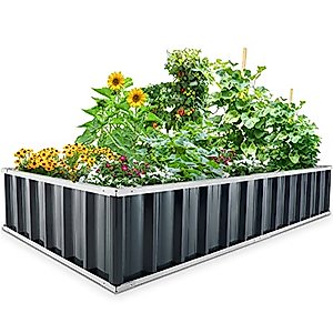 KING BIRD Raised Garden Bed 68"x 36"x 12" Galvanized Steel Metal Outdoor Garden Planter Box Kit with 8pcs T-Type Tag & 2 Pairs of Gloves (Dark Grey) 6x3x1ft