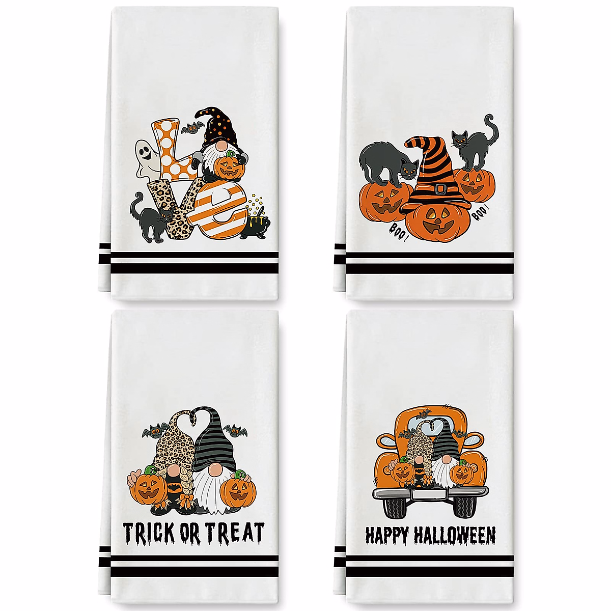 AnyDesign Halloween Kitchen Dish Towel 18 x 28 Inch Halloween Gnome Pumpkin Truck Love Tea Towel Trick or Treat Drying Dishcloth Hand Towel for Kitchen Cooking Bake, 4 Packs