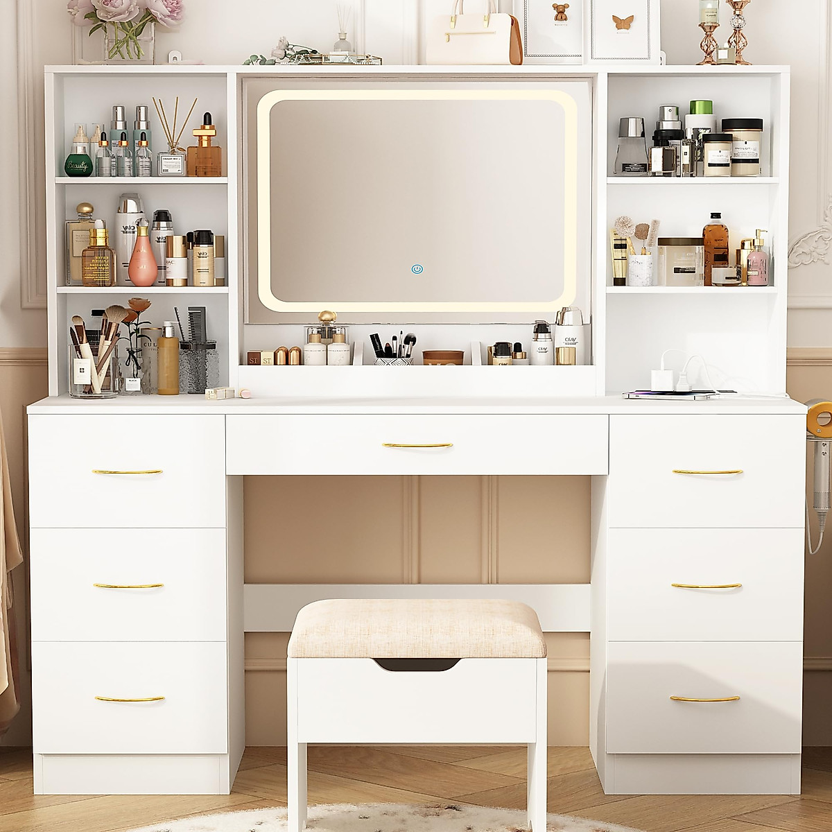 jiteentarou 47" Large Vanity Desk with Mirror and Lights, LED White Vanity Set with Stool and Power Outlet, Lighted Make up Vanity Desk with Drawers and 3 Lighting Modes for Women, Girls(White)