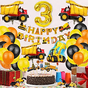 Refasy Birthday Party Decorations for Kids,Dump Truck Party Decorations Kits Construction Birthday Party Supplies Foil Balloons,Banner,Cake Toppers for 3 Year Olds Birthday Party
