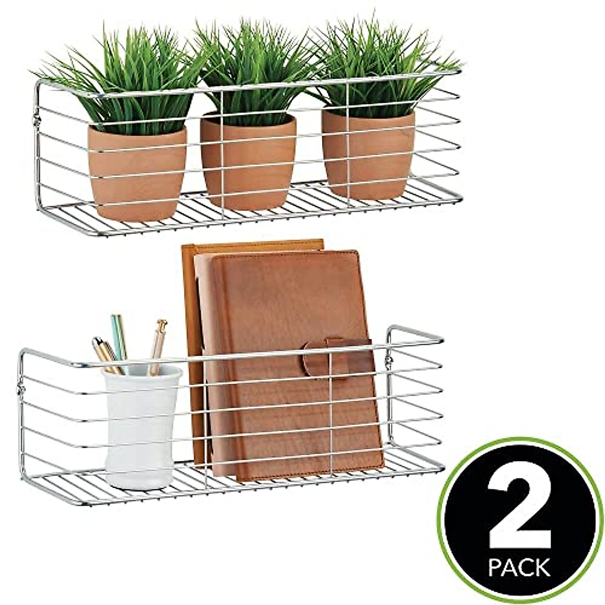 mDesign Wide Metal Wall Mount Decor Storage Organizer Display Shelf - Hang in Bathroom, Kitchen, Entryway, Hallway, Mudroom, Bedroom, Laundry Room - Concerto Collection, 2 Pack - Chrome