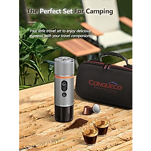 CONQUECO Portable Espresso Coffee Machine: 12V Electric Small Travel Expresso Maker - Self Heating 8 Cups Battery Powered Compatible for Nespresso Capsule - for Camping RV Hiking Office (w/Handbag)