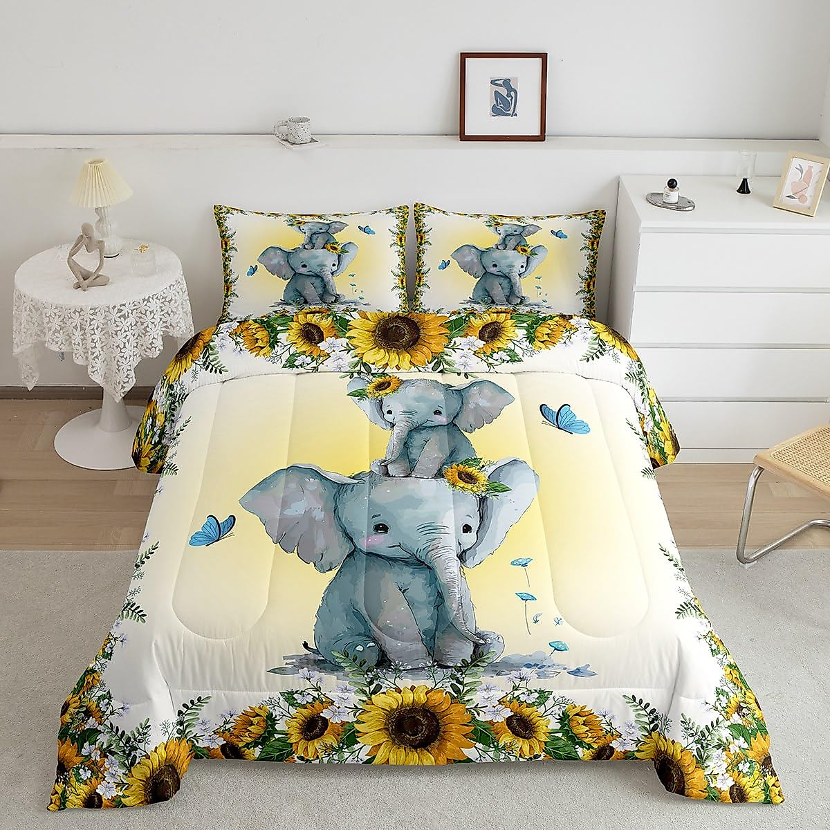Erosebridal Gray Elephant Comforter Set Kawaii Room Decor,Cartoon Wildlife Woodland Animals Bedding Twin Set for Kids Girls Boys,Yellow Flowers Sunflower Down Comforter Blue Teal Butterfly Decor