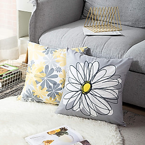 Emvency Set of 4 Throw Pillow Covers Gray and Yellow Modern Daisy with Pretty White Floral Hand Couch Sofa Decorative Pillow Cases Cushion Home Decor Square 18x18 Inches Pillowcases