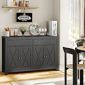 FOTOSOK Sideboard Buffet Cabinet with Storage, 55" Large Kitchen Storage Cabinet with 2 Drawers and 4 Doors, Wood Coffee Bar Cabinet Buffet Table Console Cabinet for Kitchen Dining Room, Black