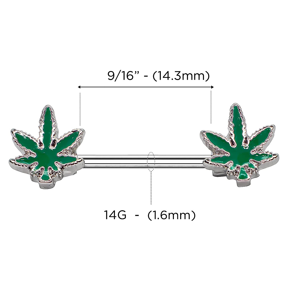 Pierce2GO 14G Nipple Piercing Surgical Stainless-Steel Set of 2 Barbell Glow in the Dark Marijuana Weed Cute Nipple Rings Nipple Piercing Jewelry for Women - 9/16" Barbell (Green)