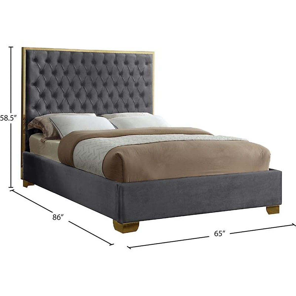 Meridian Furniture Lana Collection Modern | Contemporary Velvet Upholstered Bed with Deep Detailed Tufting and Gold Legs, Queen, Grey