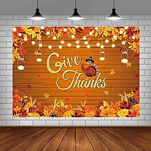 AIBIIN 7x5ft Autumn Thanksgiving Festival Backdrop Fall Wooden Maple Leaves Pumpkin Photography Background Harvest Give Thanks Banner Thanksgiving Day Party Decorations Props