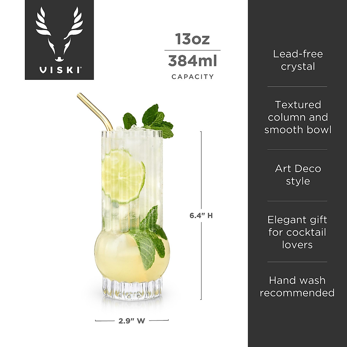 Viski Zenith Deco Crystal Tumbler Set of 2 - Premium Crystal Clear Drinking Glass, Stylish Highball Cocktail Glassware Gift Set, 13 oz
