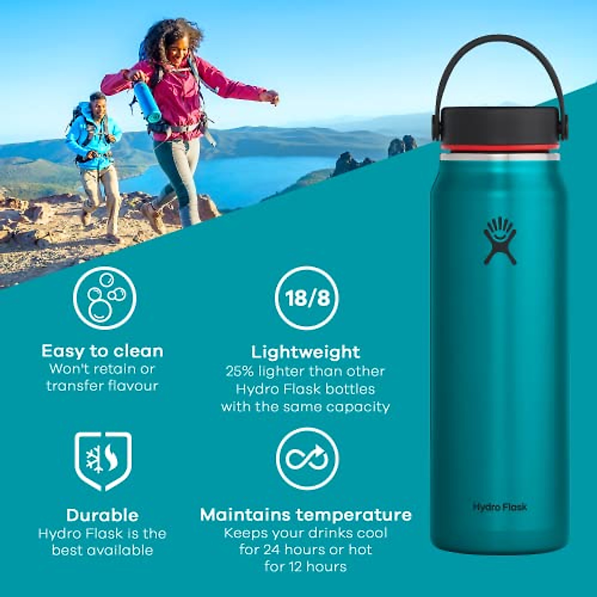 Hydro Flask 32 oz. Lightweight Trail Series Water Bottle- Stainless Steel, Reusbale, Vacuum Insulated with Standard Mouth