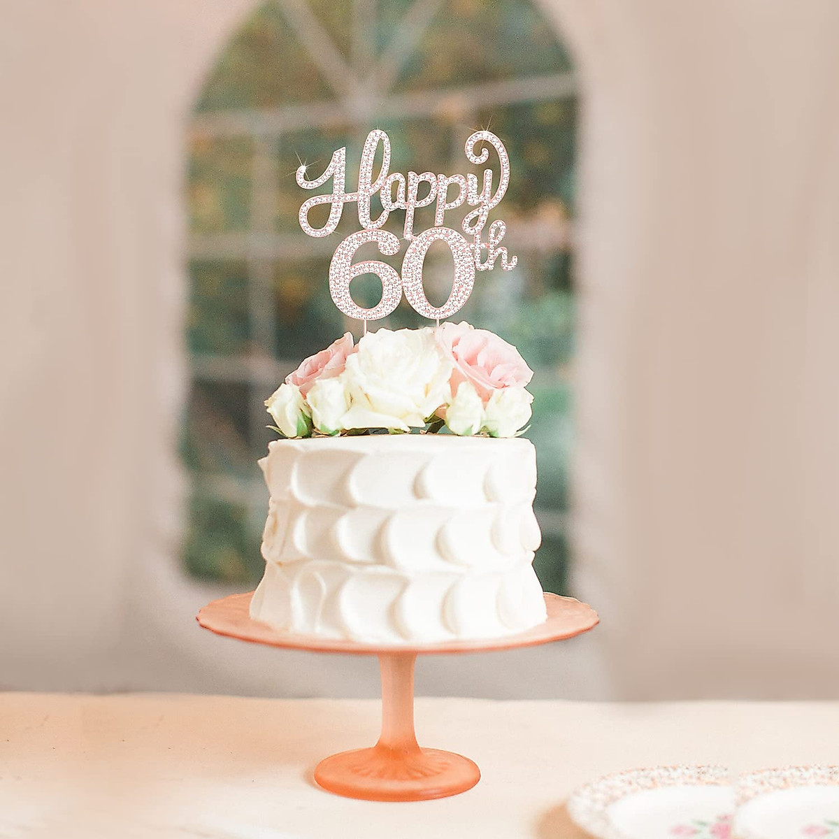 Happy 60th Birthday Rose Gold Rhinestone Cake Topper - 60th Birthday/Anniversary,Cheers to Sixty Years Old Bday Party Metal Sparkly Centerpieces Decorations.
