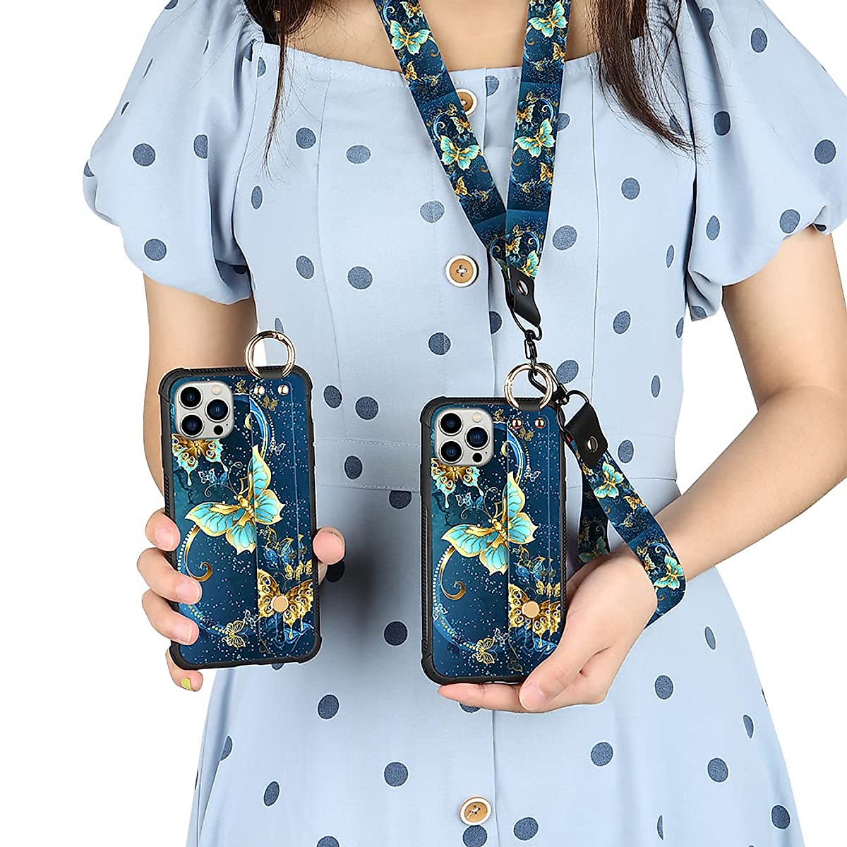 KANGHAR Compatible with iPhone 13 PRO MAX Case Blue Butterfly Shell Wrist Strap Lanyard Cover for iPhone 13 PRO MAX 6.7 INCH 2021 5G