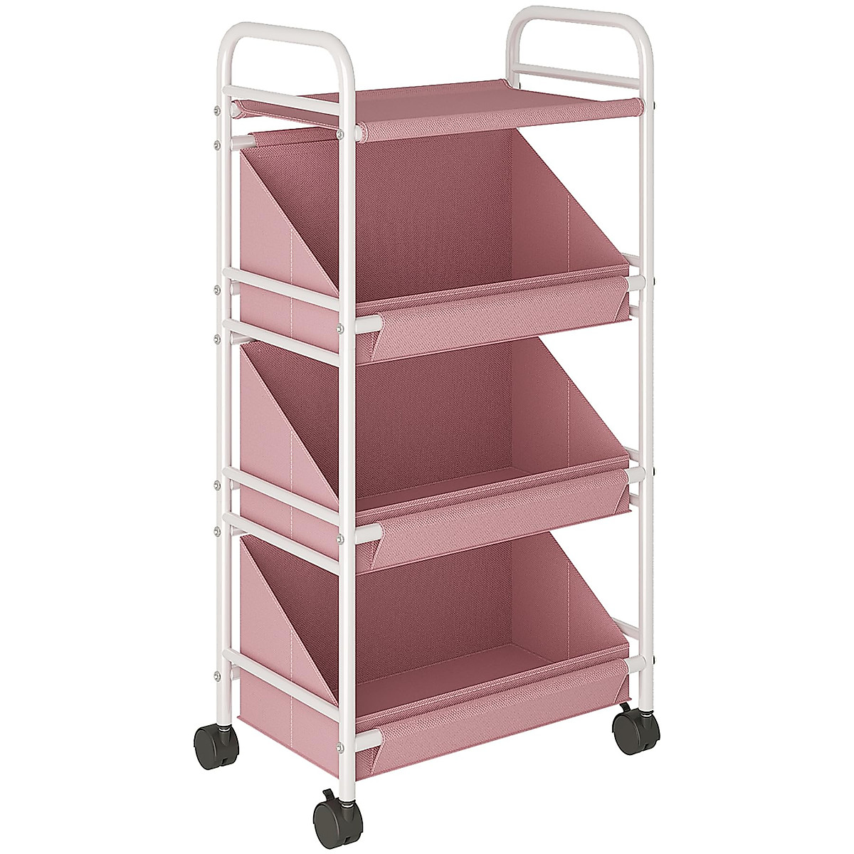 Buzowruil Utility Rolling Fabric Storage Rack Trolley Toy Rack Storage Cart Trolley with 3 Large Storage Boxes，Wheels, Suitable for Bedroom, Living Room, Entryway, Pink
