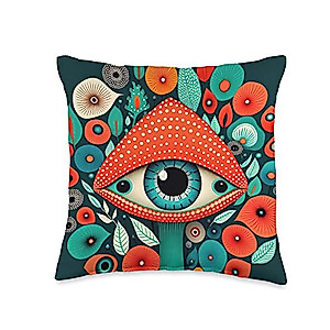 Retro Trendy Funky Hippie 60s 70s Aesthetic Decor Cottagecore Mushroom Flower Hippie 60s 70s Aesthetic Style Throw Pillow, 16x16, Multicolor
