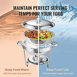 VEVOR Chafing Dish Buffet Set, 6 Qt 4 Pack, Stainless Steel Chafer with Full Size Pan, Round Catering Warmer Server with Lid Water Pan Stand Fuel Holder Cover Holder Spoon, for at Least 6 People Each