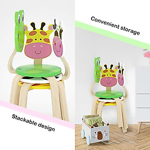 iPlay, iLearn 2 PCS Wooden Kids Chair Sets, Natural Hardwood Frog & Cow Animal Children Chairs, Furniture Set for Toddlers Kids Boys Girls, Stackable for Playroom, Nursery, Preschool, Kindergarten