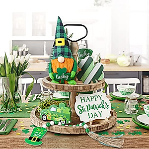 St Patricks Day Tiered Tray Decor, St Patricks Day Decorations Set with Gnomes Plush & 3 Wooden Signs & Wooden Bead Garland for The Home (Tray not Included)