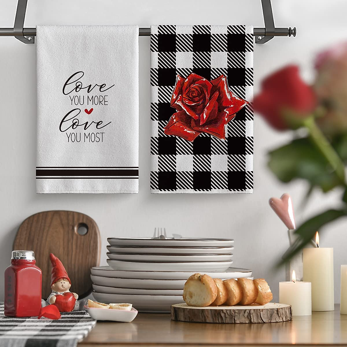 Artoid Mode Watercolor Buffalo Plaid Arrow Love Heart Rose Flower Valentine's Day Kitchen Towels, 18 x 26 Inch Ultra Absorbent Drying Cloth Dish Towels for Cooking Baking Set of 4
