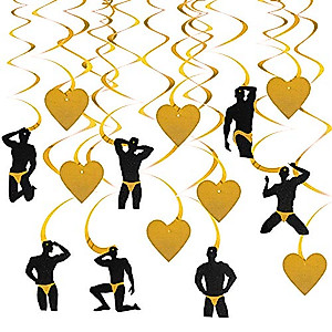 Bachelorette Party Decorations Supplies, 14Pcs Male Stripper & Heart Hanging Swirls, Dirty Naughty Bachelorette Party Bridal Shower Hen Party Supplies for Adult(Gold)