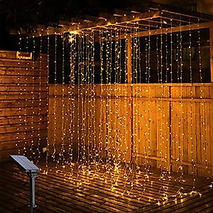 Solar Curtain String Lights Outdoor - 300 LED Fairy Window Powered IP65 Waterproof, Twinkle 8 Modes for Home Garden Patio Porch Backyard Wedding Party Christmas